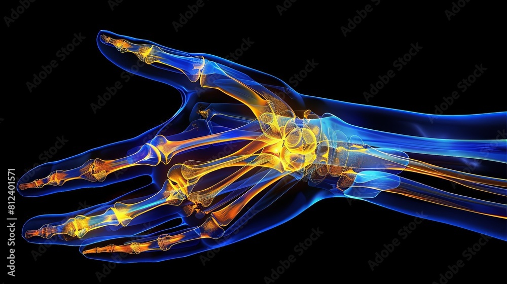 An X-ray blue of a hand with the wrist joint highlighted in yellow ...