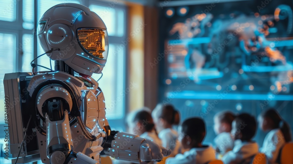 Represent a classroom of the future, where an AI teacher using machine ...