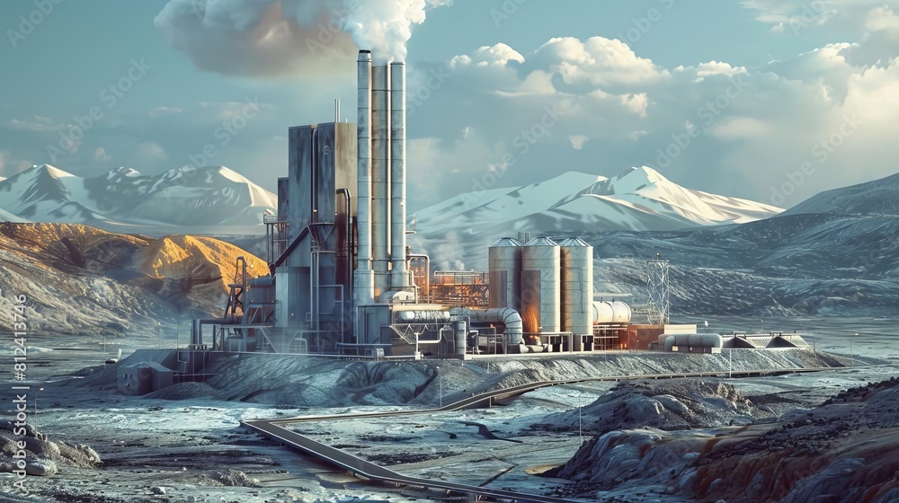 Represent a geothermal energy plant set in a volcanic region, using ...