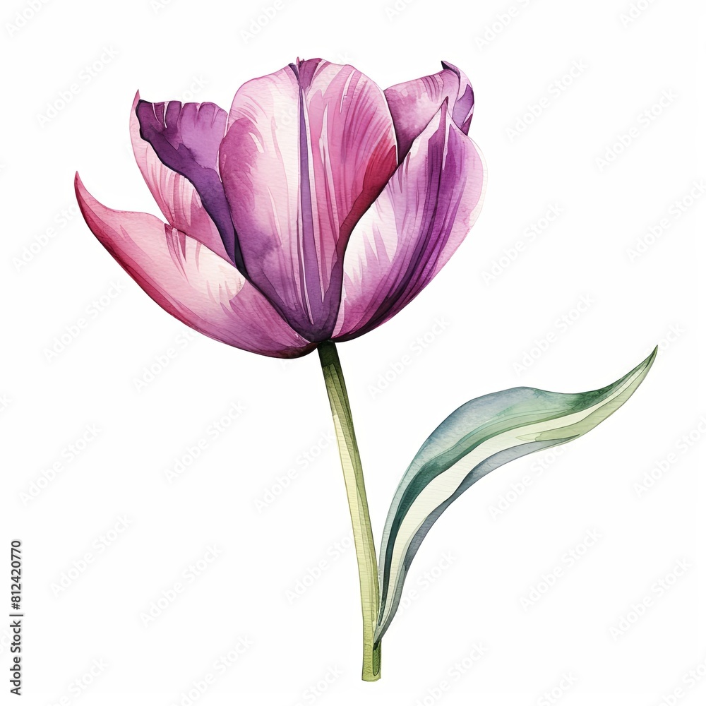 Cartoon watercolor drawing of a single purple tulip, elegant and simple ...