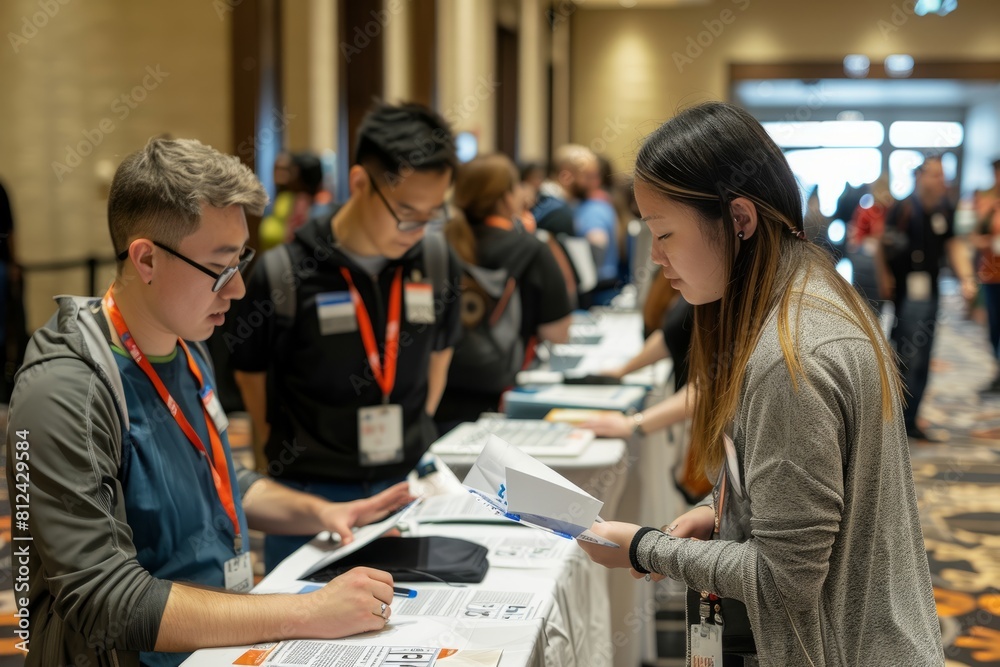Attendees checking in at a conference registration table with a group ...