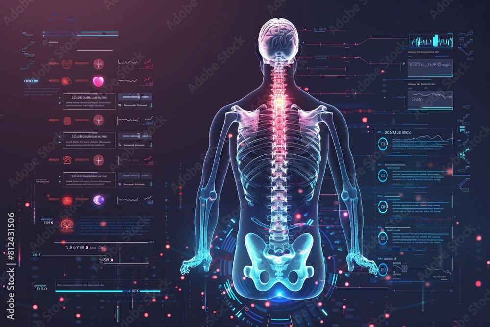 A computer screen displays a skeleton with a spine and a back. The ...