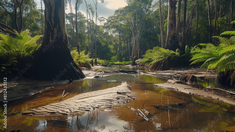 Open wide landscape area with prehistoric big murky river meandering ...