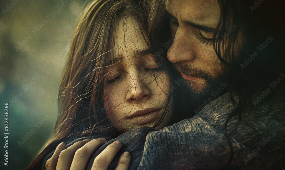 A Jesus Christ hug lucky lady warmly and hope, face ask wish trust king ...