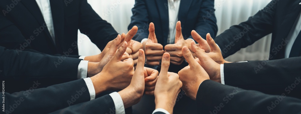 Office worker team stacking hand together symbolize successful group of ...