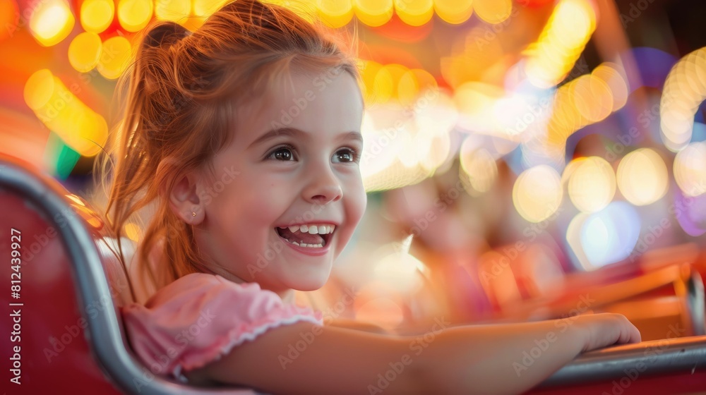 A smiling little girl gazes up at the ferris wheel with wonder, her ...