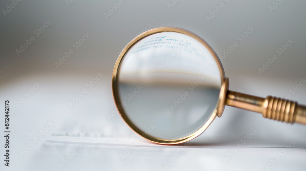 Magnifying glass on text. Close-up of a magnifying glass highlighting text on a document ...