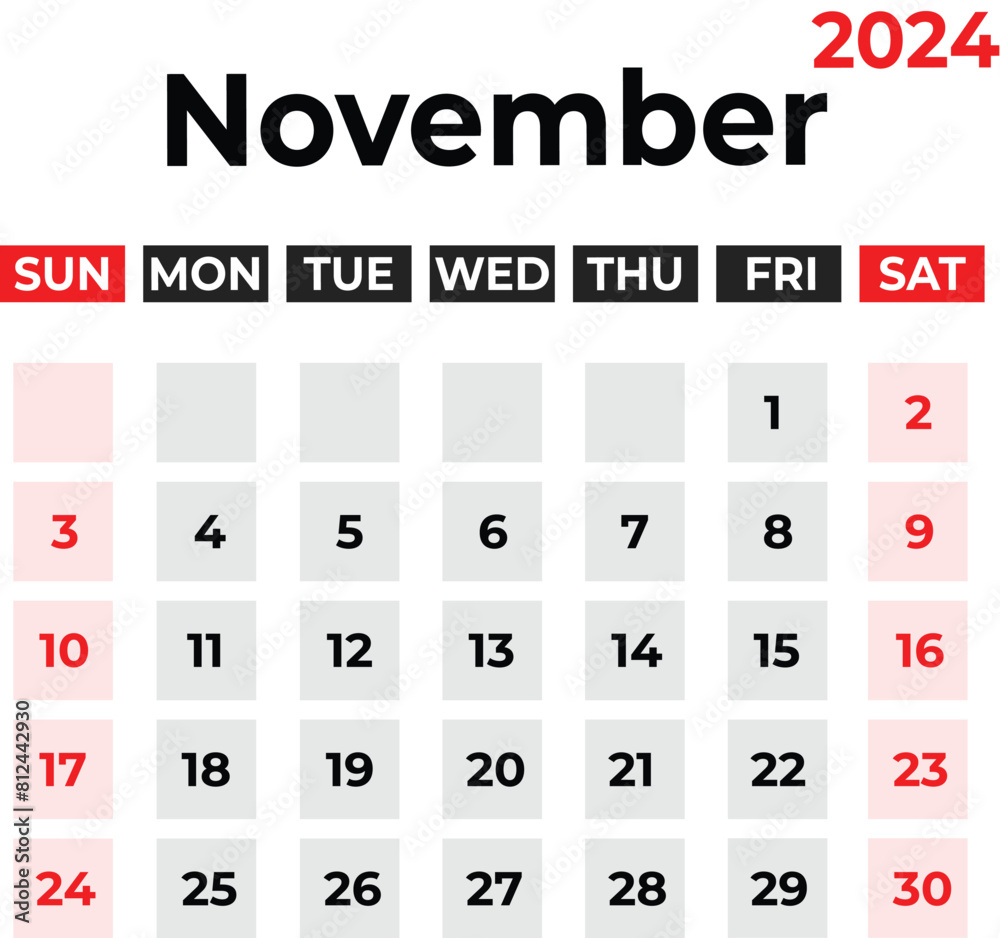 November 2024 monthly calendar design in clean look Stock Vector ...