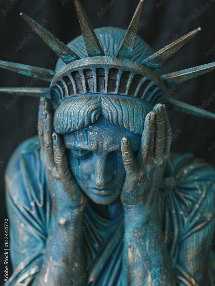 Emotional statue of liberty with her head in hands American state of ...