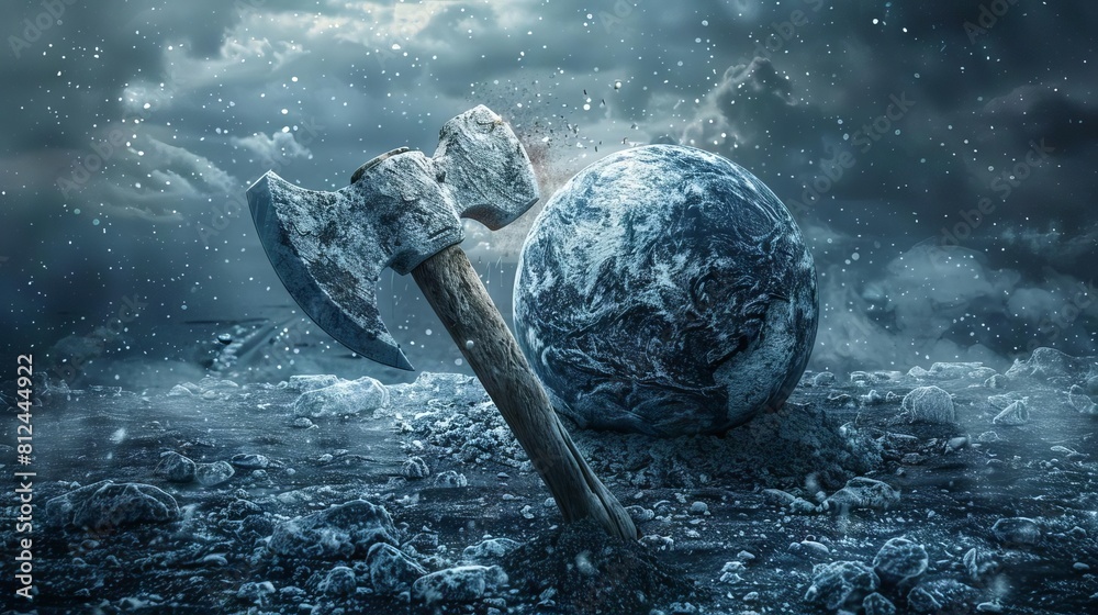 A symbolic representation of Earth with a giant axe embedded in the ...