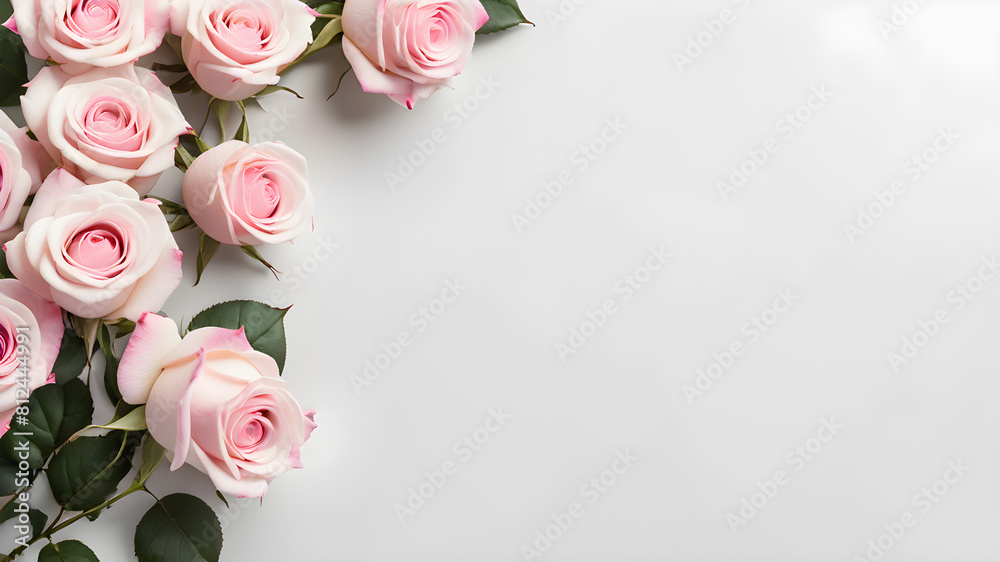 Pink Roses Blossom in corner on Blank White Empty Background Copy Space ...