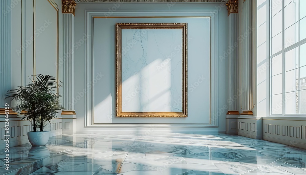 Show a large, ornate frame on a bright wall in a museums main hall, set ...