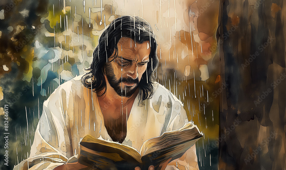 Jesus Christ reading a bibo on heavy rain for hopes and spirit of dream ...