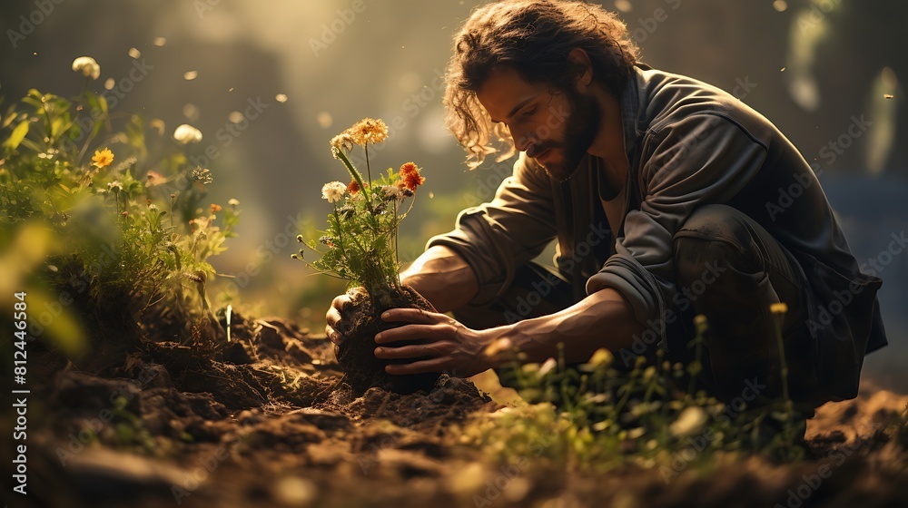 A person participating in a rewilding project to restore natural ...