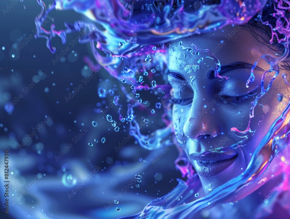 Abstract illustration of an Afro girl swimming in a lake, splashes and ...