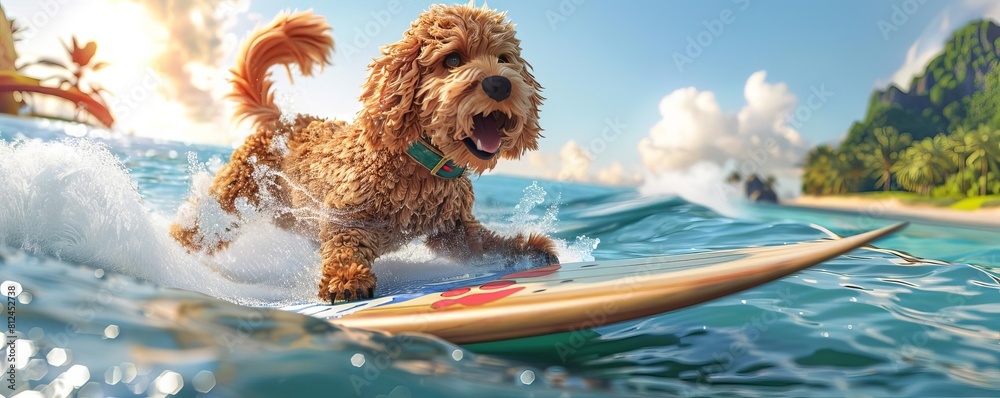 A realistic HD 3D illustration of a poodle surfing with a ...