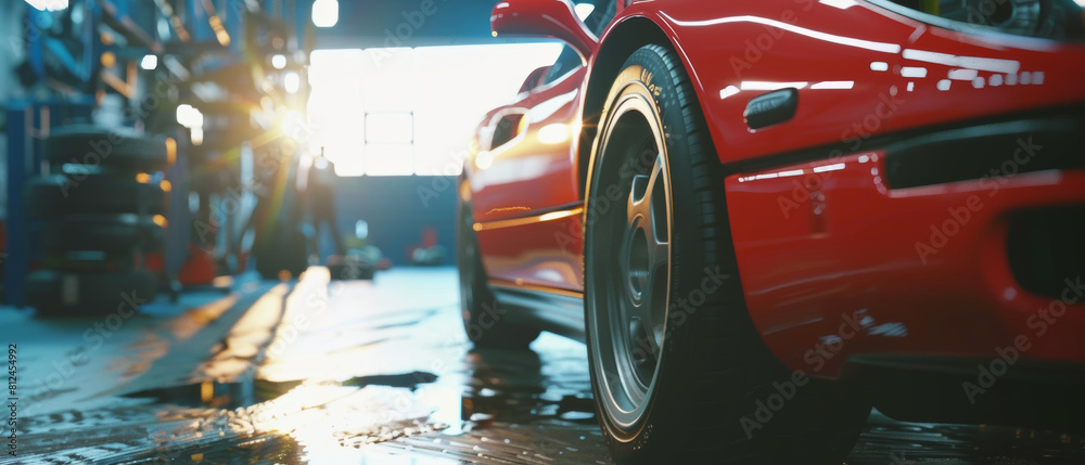 The striking red body of a sports car glistens under city lights on a ...