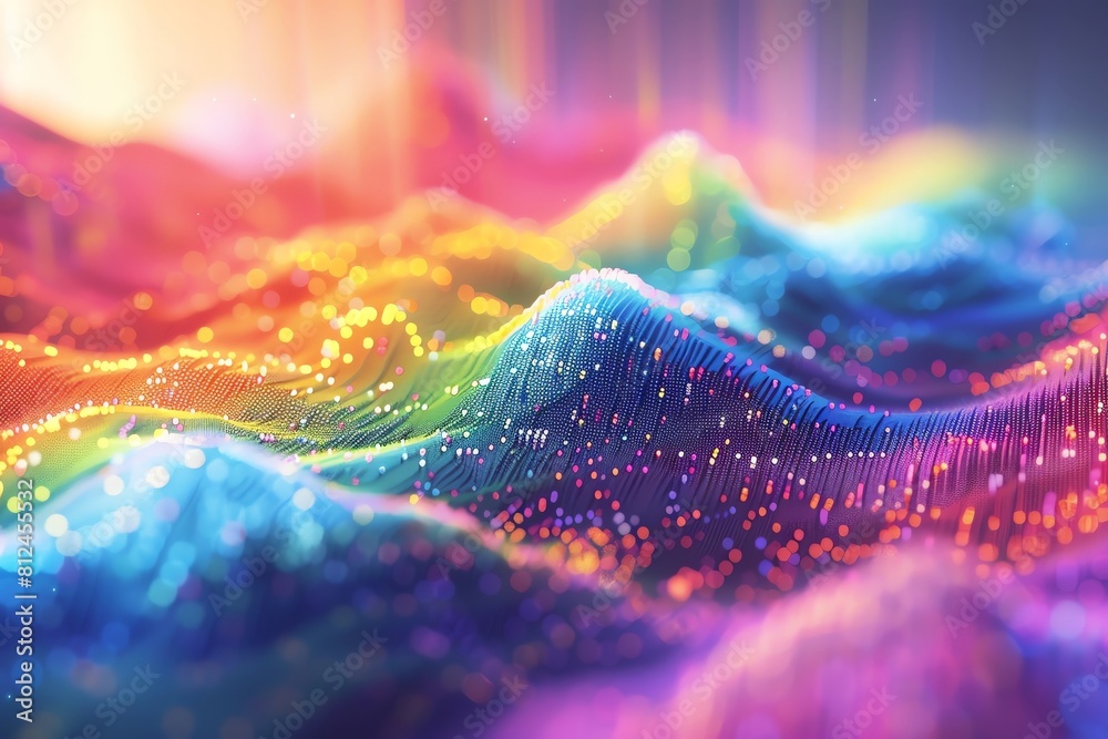 Rainbow pixelated 3D terrain, highangle, in a sea of binary code, sharp ...