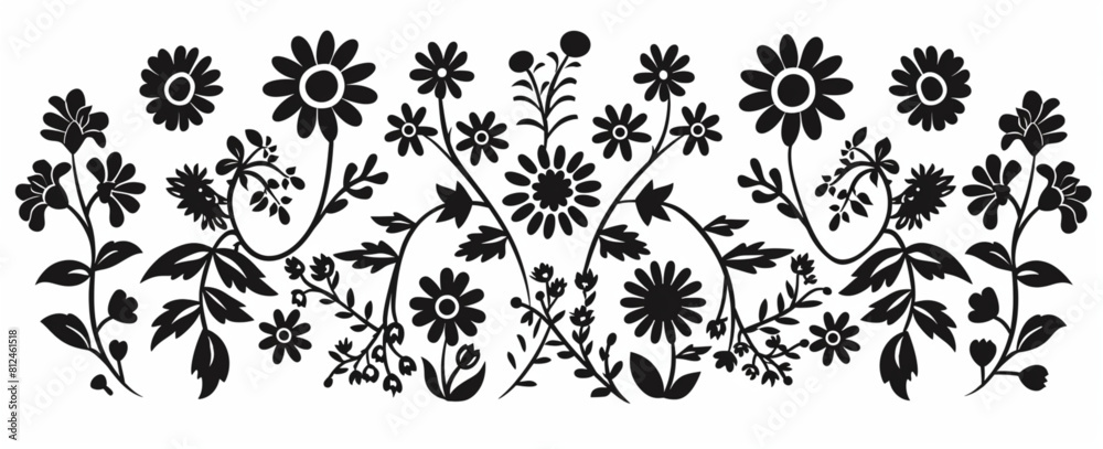 Czech folk art floral ornament vector illustration, simple black on ...