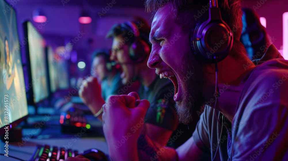 Emotional gamer for computer games and game consoles sat in front of ...