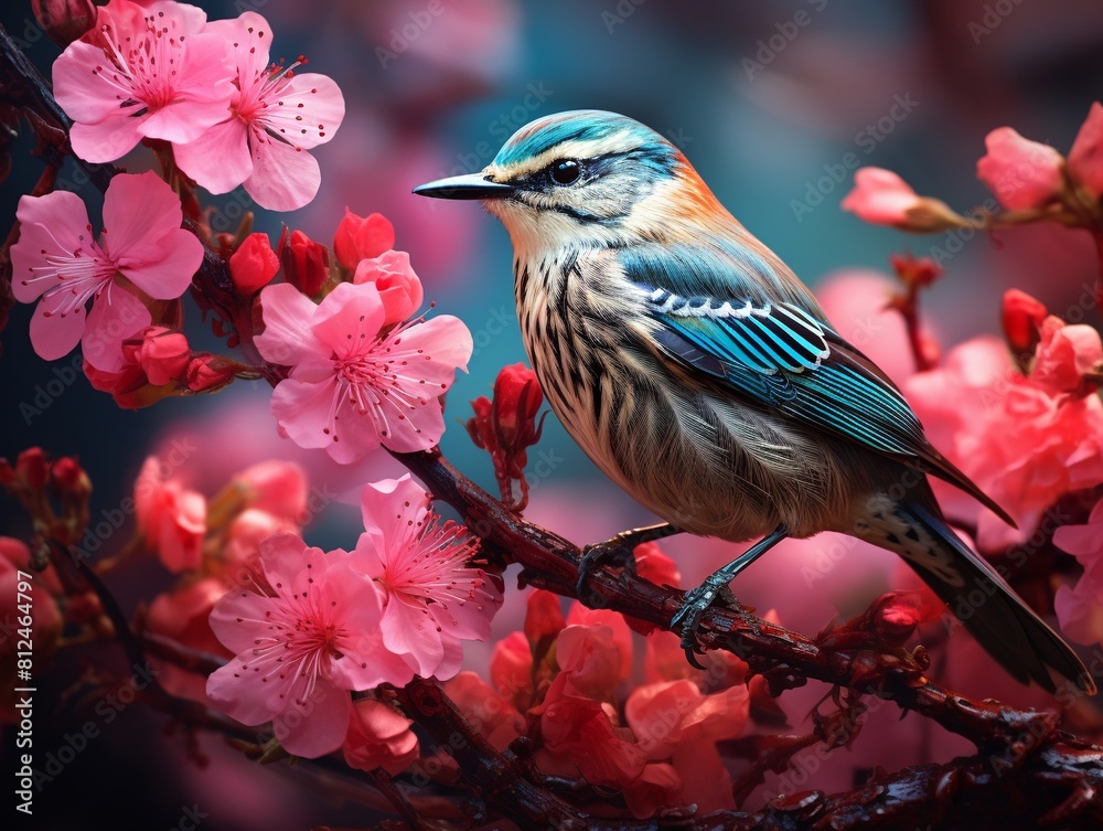 Charming scene of a brightly colored bird among a cluster of pink ...