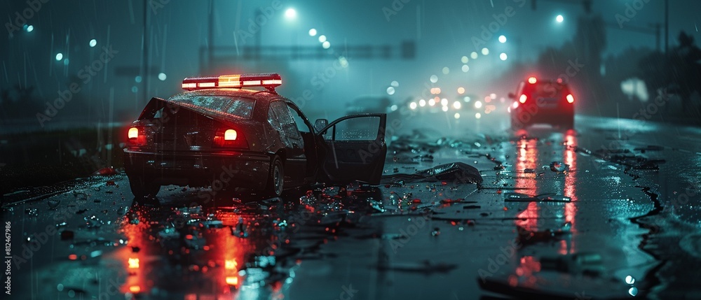 A grim depiction of a car crash on a rainsoaked road at night, with the ...