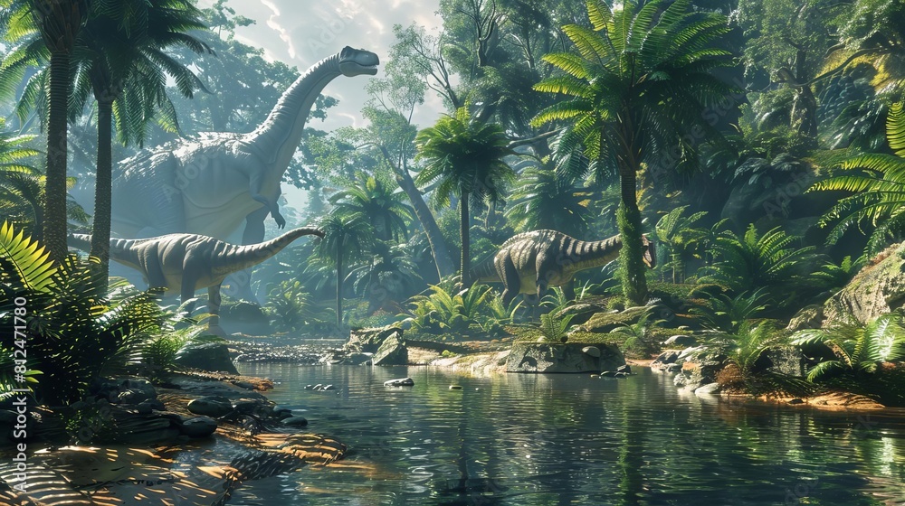 Showcase a detailed reconstruction of a prehistoric ecosystem, with ...