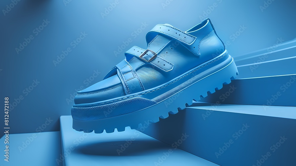A trendy and fashion-forward platform sandal mockup on a solid blue ...