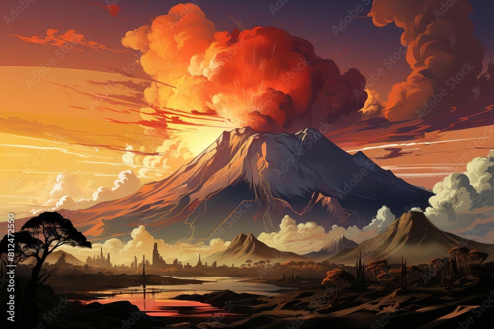 Volcano flat design top view ancient civilization theme cartoon drawing ...