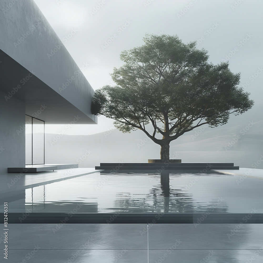 The photo shows a modern house with a large tree in front of it. The ...