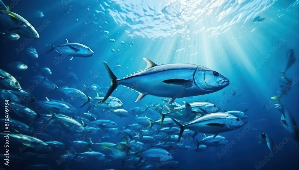Groups of giant Tuna fish in the underwater, coral reef, amazing ...