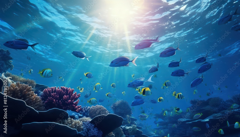 Groups of giant Tuna fish in the underwater, coral reef, amazing ...