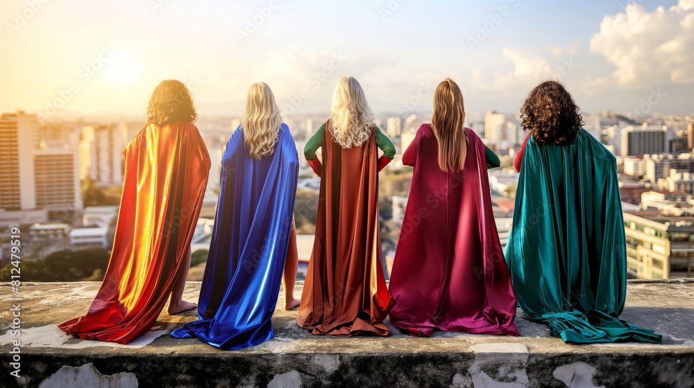 Friends wearing superhero capes and striking dramatic poses on a city ...