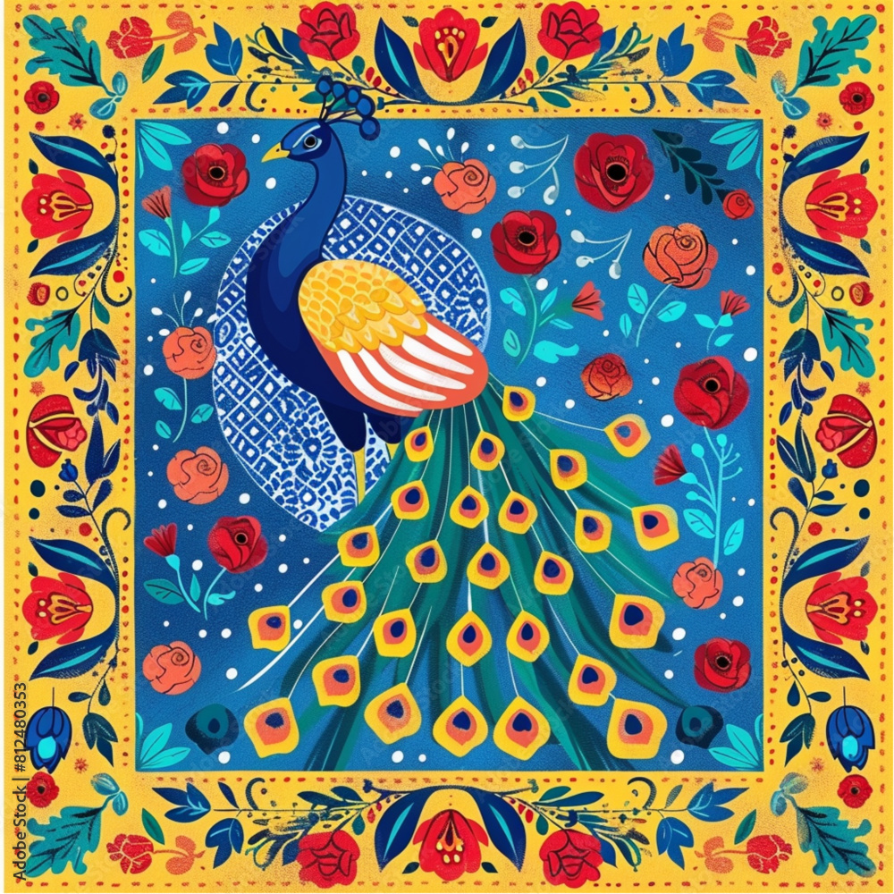 peacock illustration in the style of Indian pop art, with vibrant ...