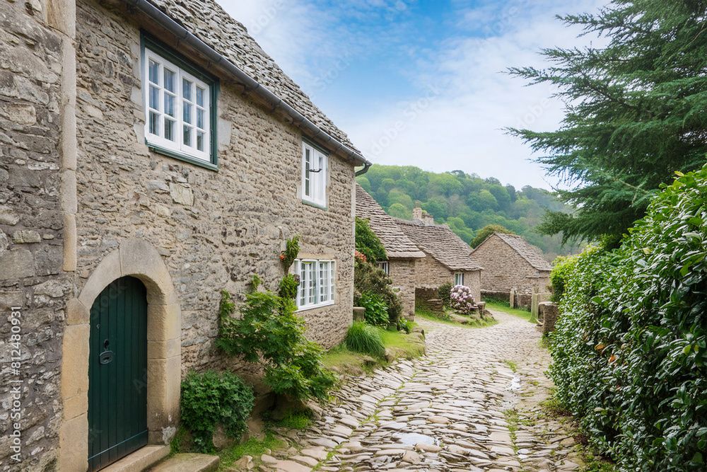 Old English village in rural England. Cobbled streets and stone ...
