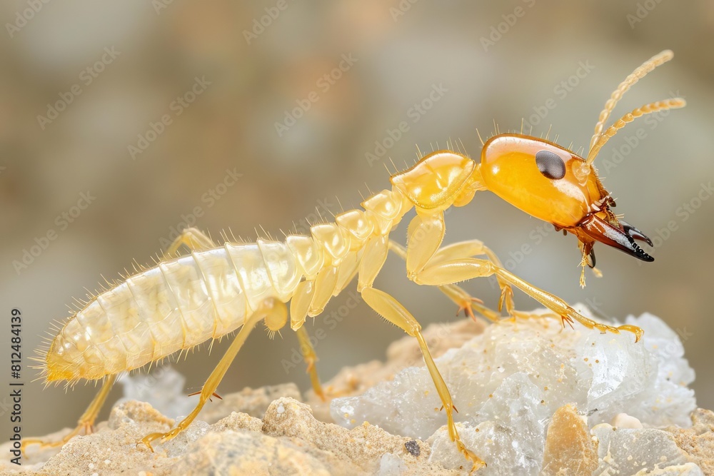 Describe the intricate world of a termite burrow, focusing on a closeup ...