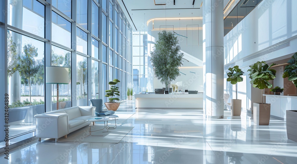 Modern Office Lobby with White and Blue Color Scheme - Architectural ...
