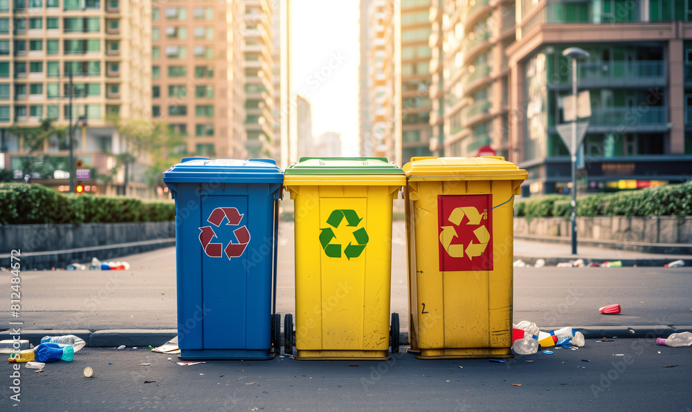 Waste segregation containers placed against the background of the urban ...