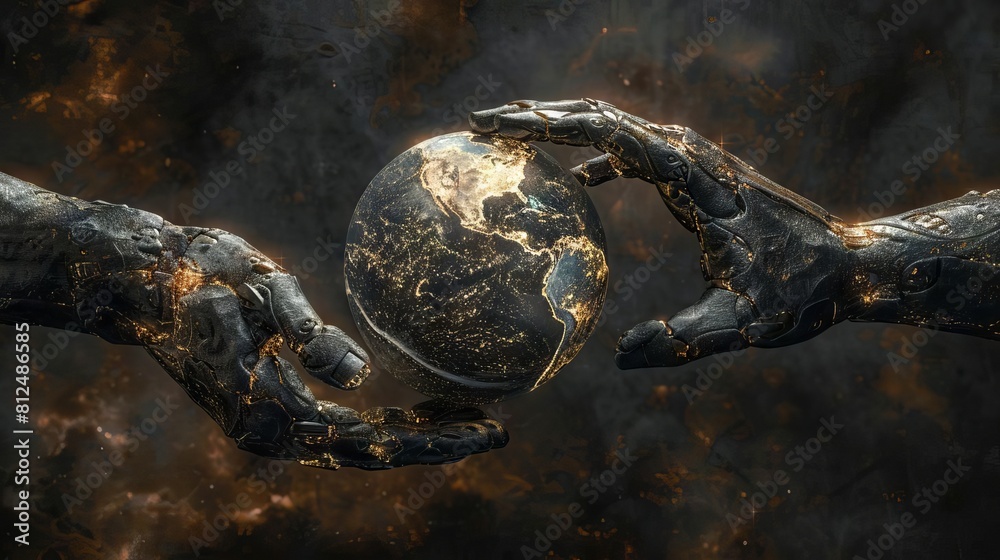 Magnetic hands attracting a metallic Earth, illustrating the magnetic ...