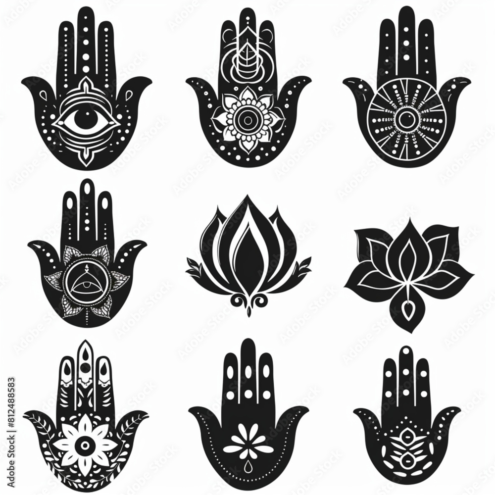 Set of black vector hamsa hand icons on a white background, with a ...