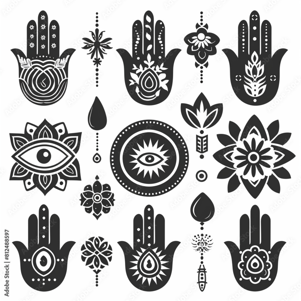 Set of black vector hamsa hand icons on a white background, with a ...