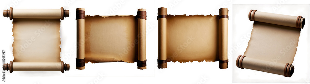 A collection of old blank scrolls. rough, ripped edges. aged paper feel ...