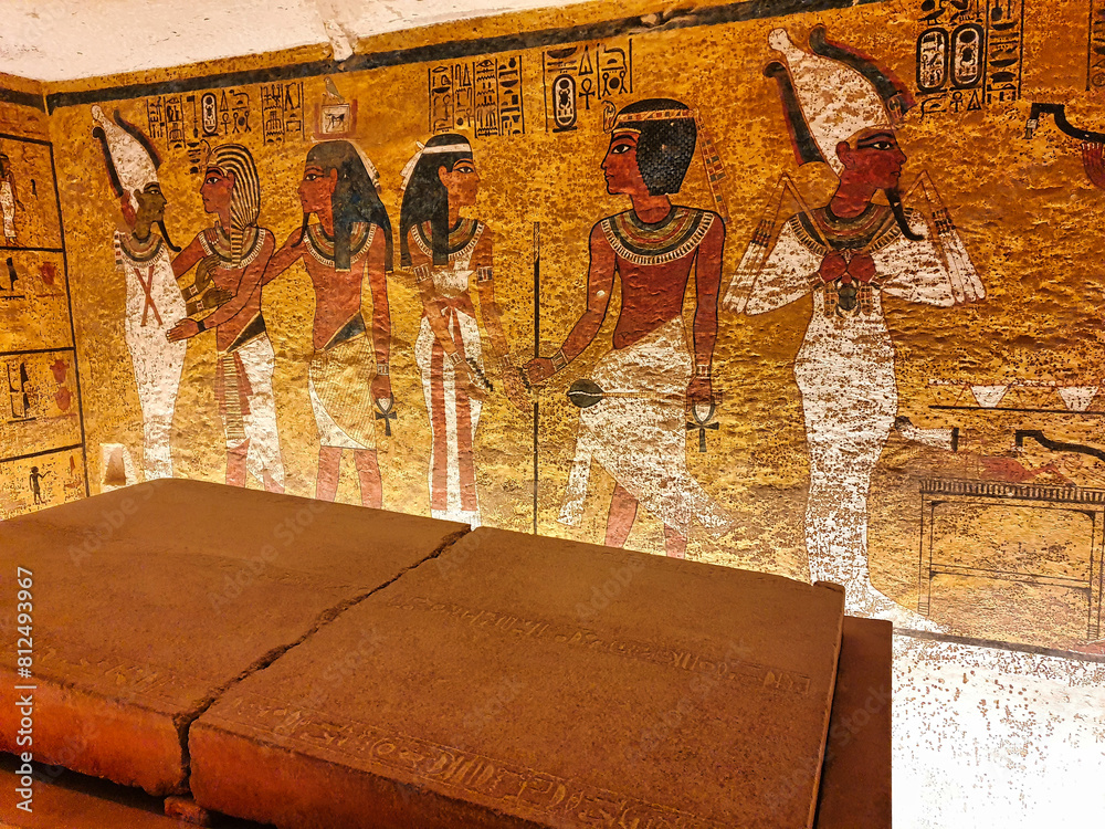 Painted wall relief depicting Tutankhamun with Osiris and Pharoah Ay ...