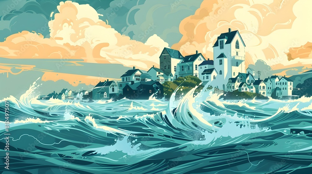 Rising Sea Minimalist Art Illustrating Coastal Towns Submerged by a ...