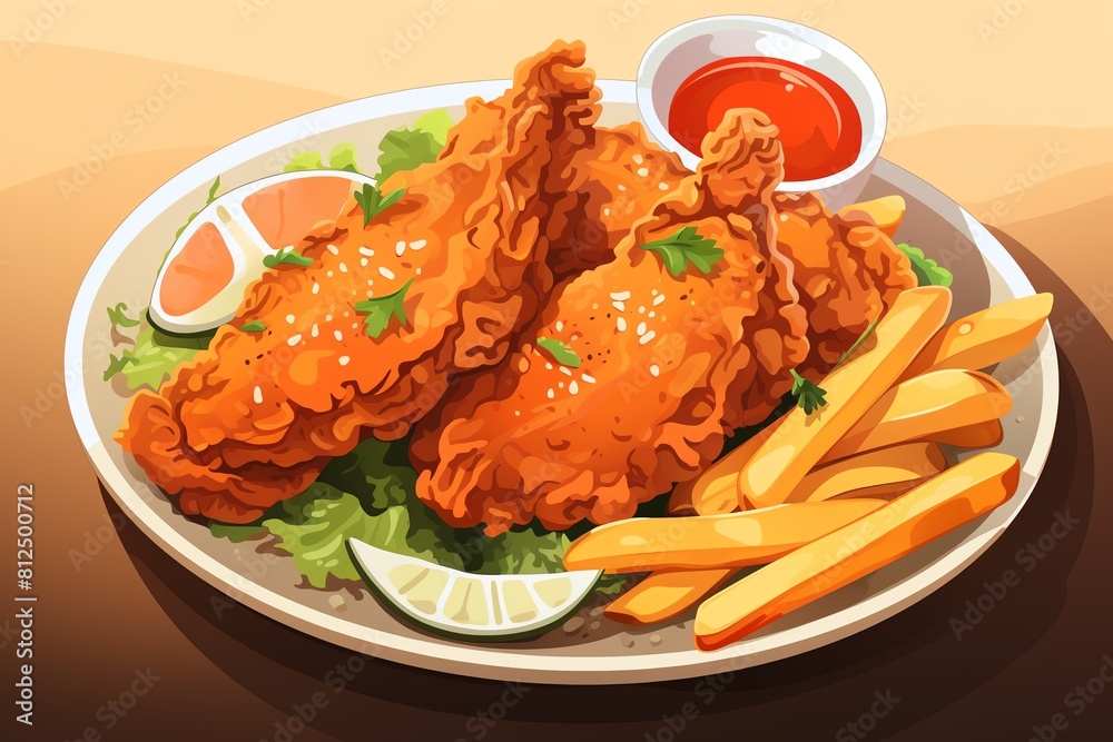 Fried chicken illustration in flat design top view southern cuisine ...