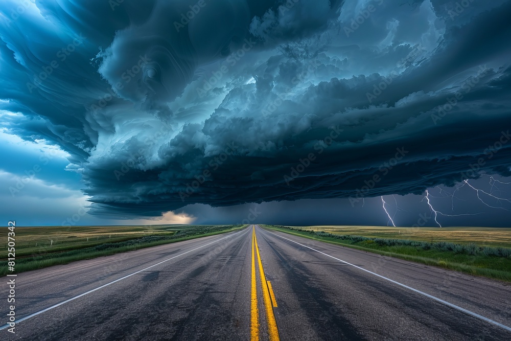 An imposing and dramatic scene of a thunderstorm over an open highway ...