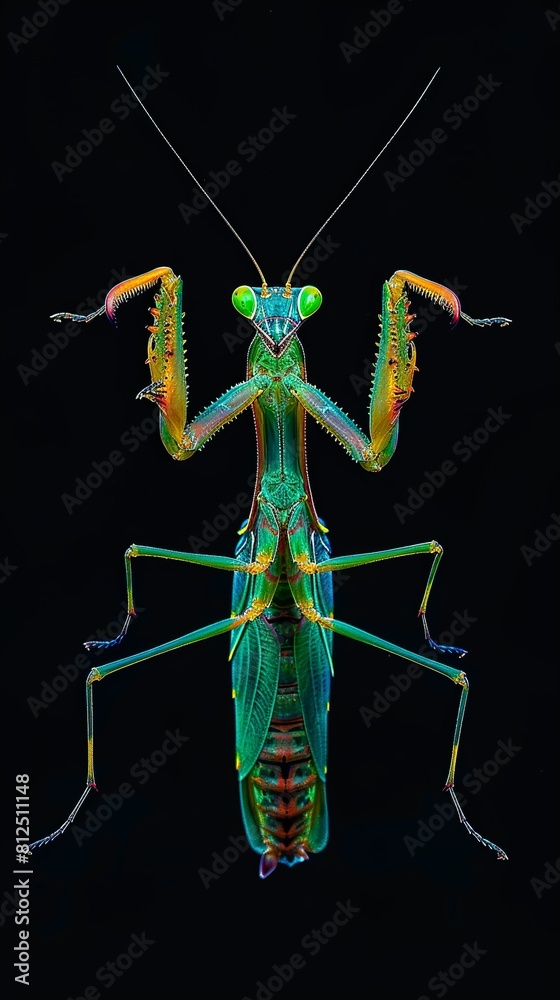 2D flat mantis insect, mystic colors, black background, captured by ...