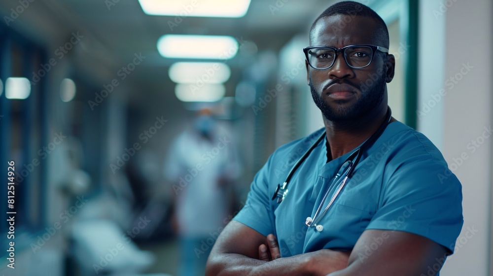 A confident African American male nurse with crossed arms in a medical ...