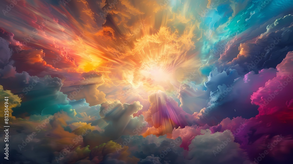 Beams of vivid light bursting through clouds of color, creating a ...