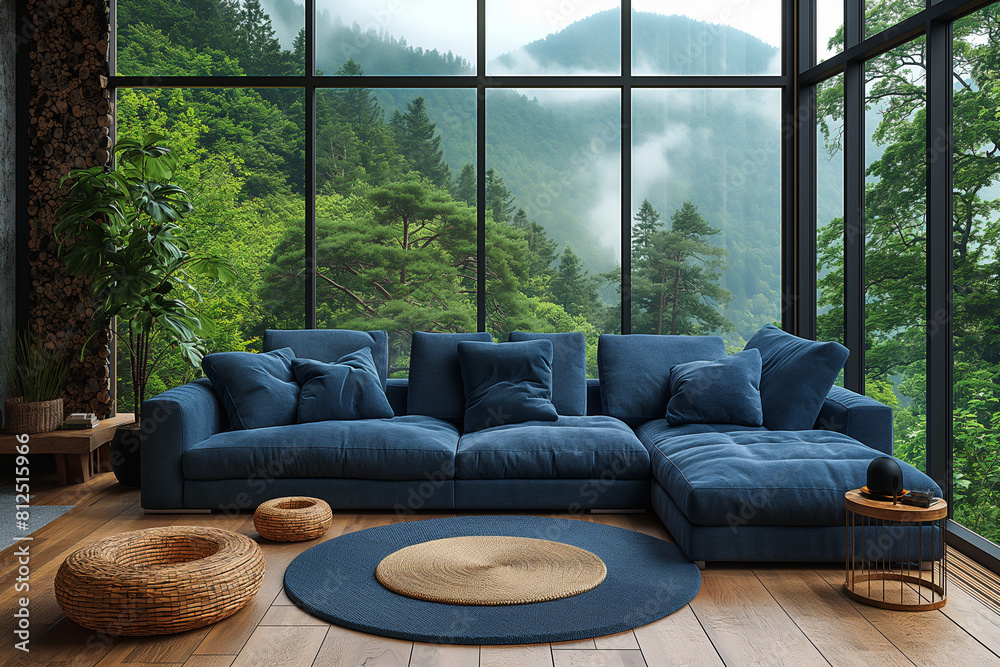 Blue corner sofa against panoramic window with forest view. Minimalist ...